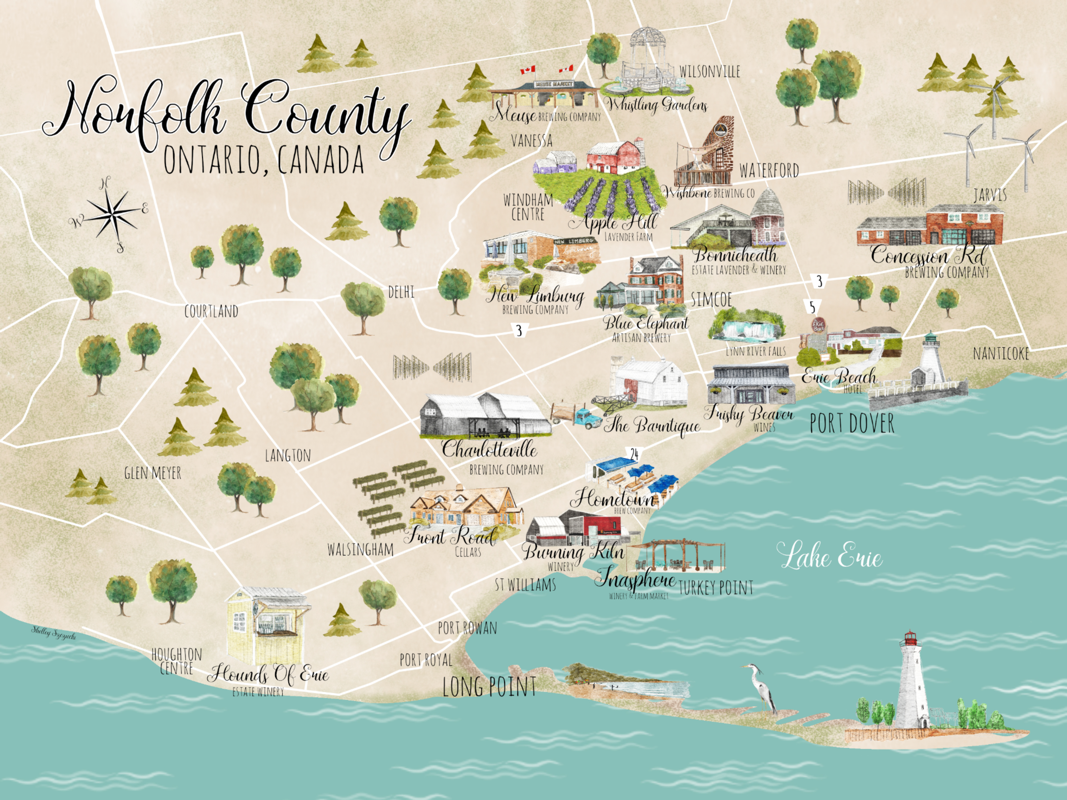 Illustrated Map of Norfolk County, Ontario | Wineries, Beaches ...